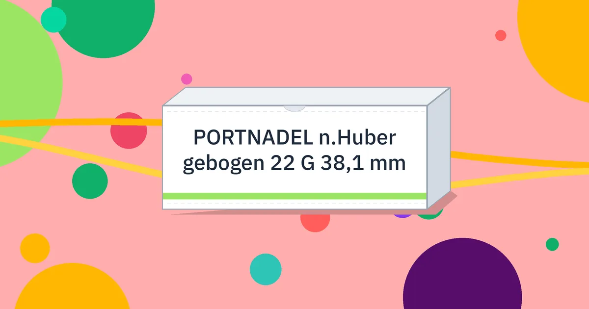 Symbolbild: Packung mit der Aufschrift PORTNADEL n.Huber gebogen 22 G 38,1 mm (PZN 00108134) – Verfügbarkeit und Bezug in Apotheken in Frankfurt am Main