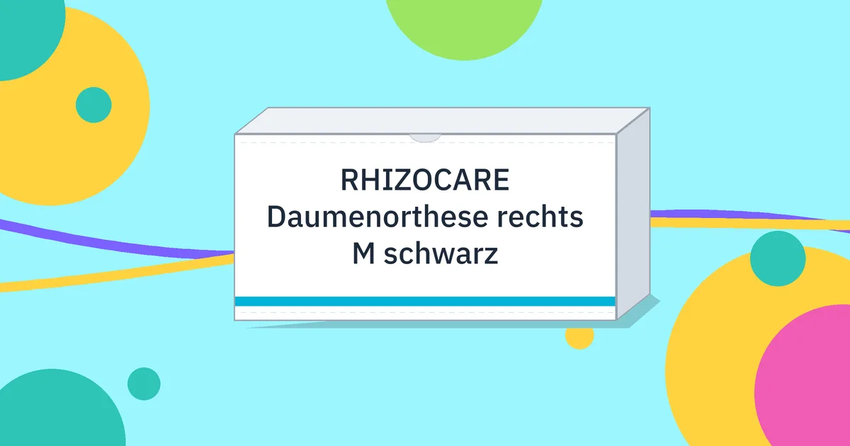Symbolbild: Packung mit der Aufschrift RHIZOCARE Daumenorthese rechts M schwarz (PZN 10839531) – Verfügbarkeit und Bezug in Apotheken in Frankfurt am Main