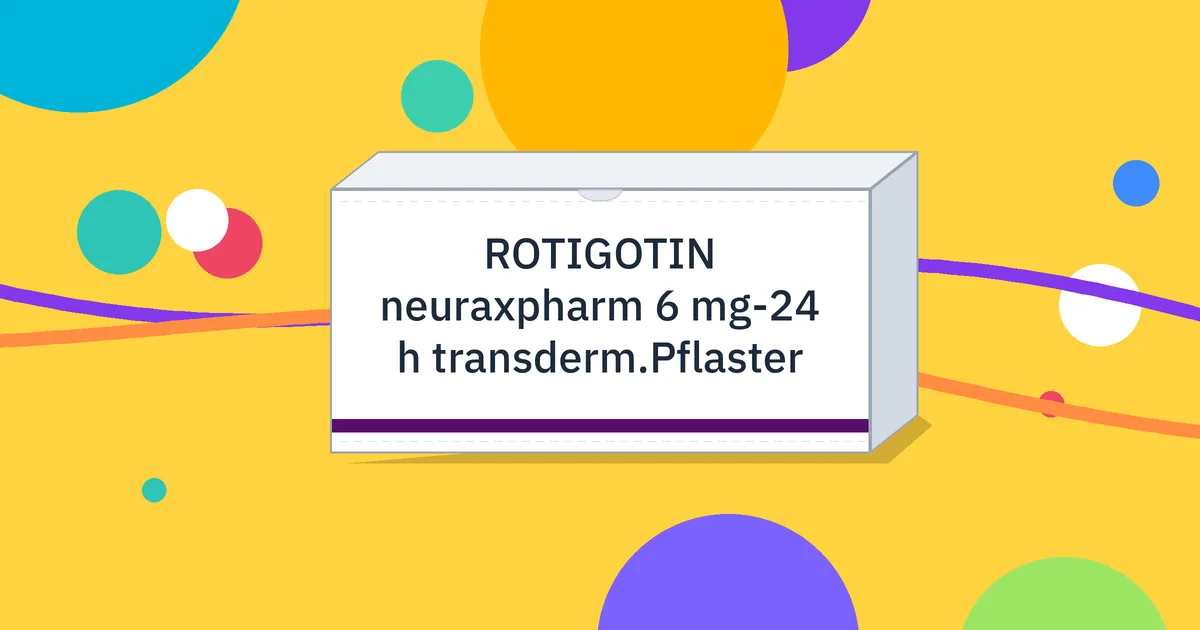 Symbolbild: Packung mit der Aufschrift ROTIGOTIN neuraxpharm 6 mg-24 h transderm.Pflaster (PZN 04178835) – Verfügbarkeit und Bezug in Apotheken in Frankfurt am Main