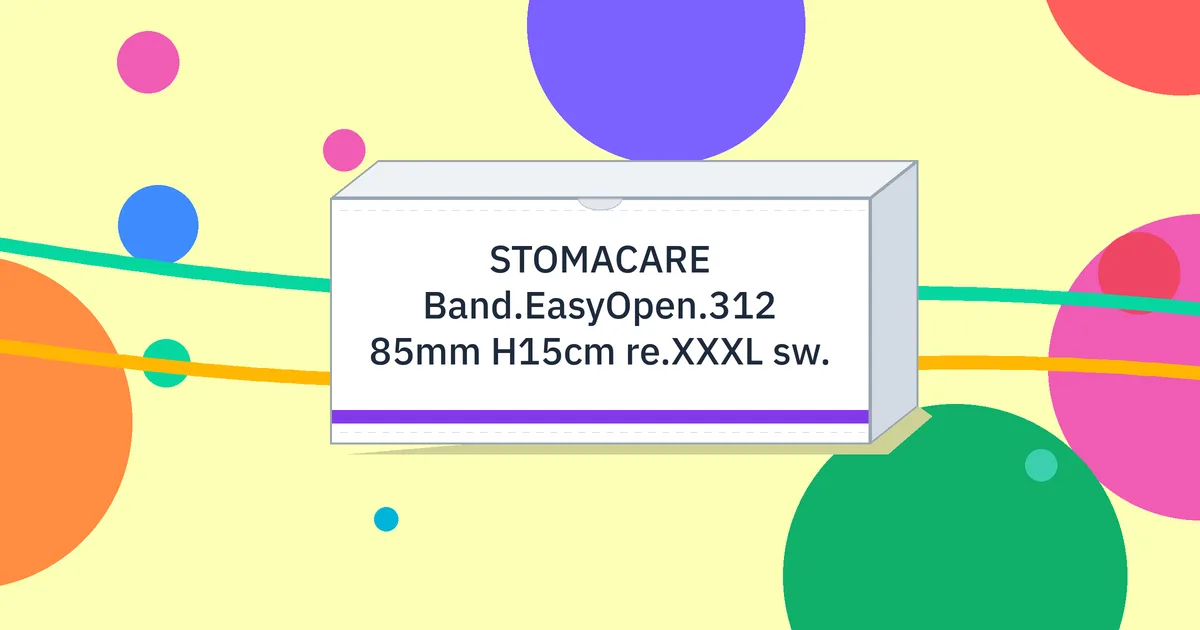 Symbolbild: Packung mit der Aufschrift STOMACARE Band.EasyOpen.312 85mm H15cm re.XXXL sw. (PZN 09438123) – Verfügbarkeit und Bezug in Apotheken in Frankfurt am Main