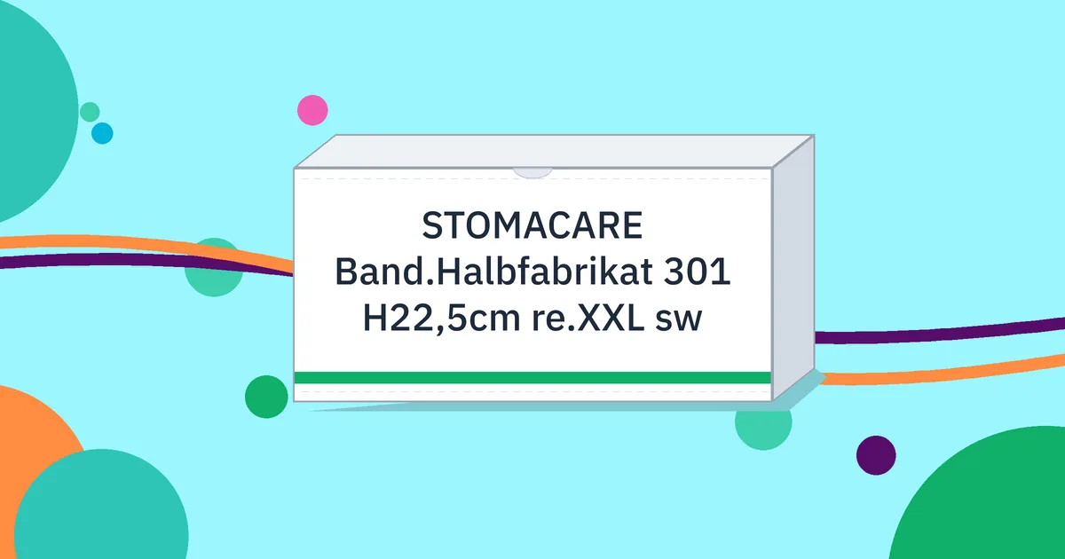 Symbolbild: Packung mit der Aufschrift STOMACARE Band.Halbfabrikat 301 H22,5cm re.XXL sw (PZN 09436727) – Verfügbarkeit und Bezug in Apotheken in Frankfurt am Main