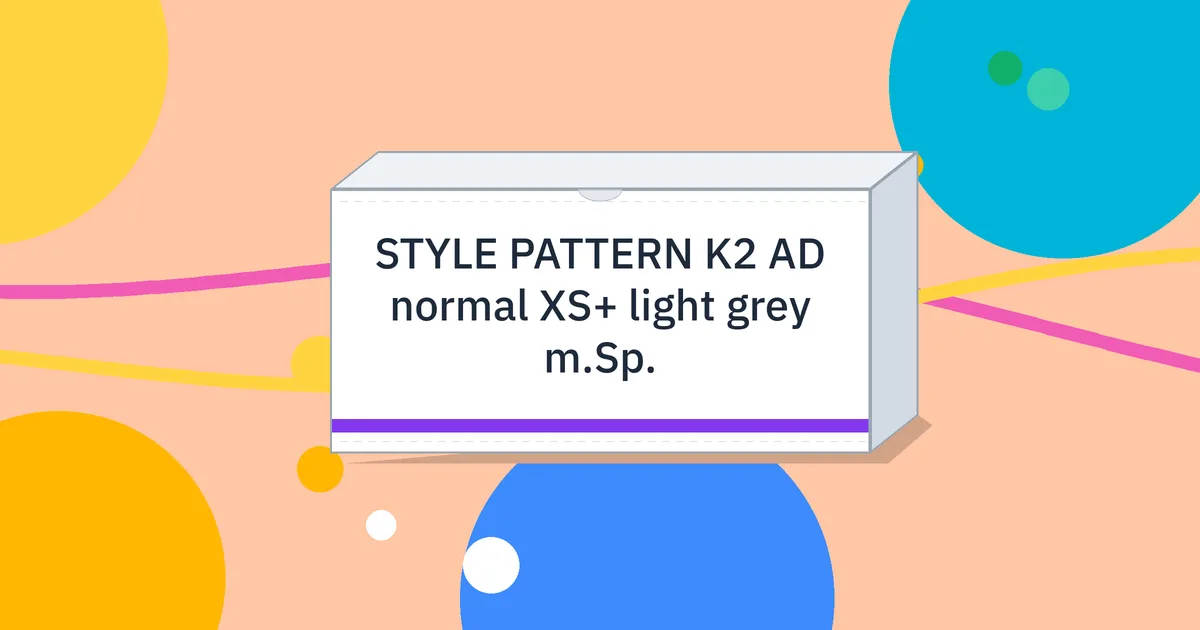 Symbolbild: Packung mit der Aufschrift STYLE PATTERN K2 AD normal XS+ light grey m.Sp. (PZN 19695045) – Verfügbarkeit und Bezug in Apotheken in Frankfurt am Main