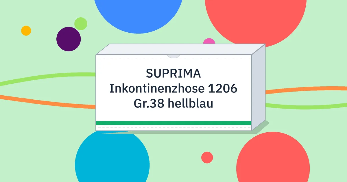 Symbolbild: Packung mit der Aufschrift SUPRIMA Inkontinenzhose 1206 Gr.38 hellblau (PZN 03021801) – Verfügbarkeit und Bezug in Apotheken in Frankfurt am Main