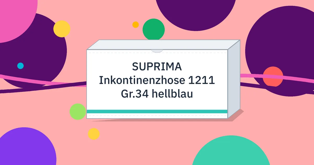 Symbolbild: Packung mit der Aufschrift SUPRIMA Inkontinenzhose 1211 Gr.34 hellblau (PZN 03023763) – Verfügbarkeit und Bezug in Apotheken in Frankfurt am Main