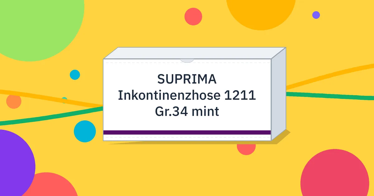 Symbolbild: Packung mit der Aufschrift SUPRIMA Inkontinenzhose 1211 Gr.34 mint (PZN 07632594) – Verfügbarkeit und Bezug in Apotheken in Frankfurt am Main