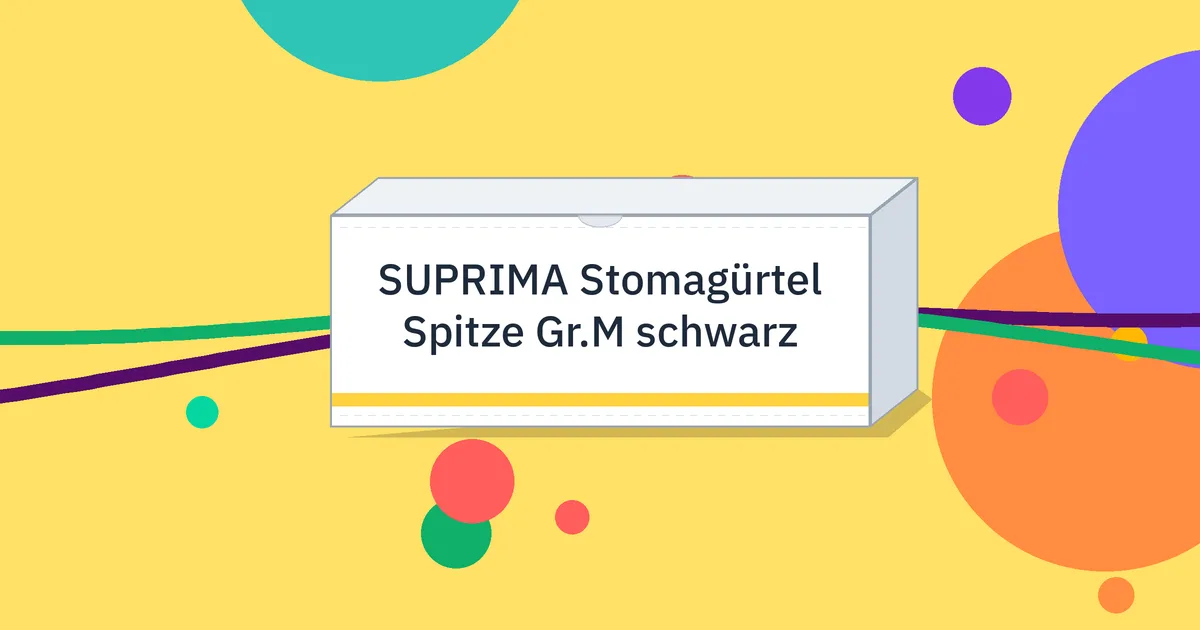 Symbolbild: Packung mit der Aufschrift SUPRIMA Stomagürtel Spitze Gr.M schwarz (PZN 11545151) – Verfügbarkeit und Bezug in Apotheken in Frankfurt am Main