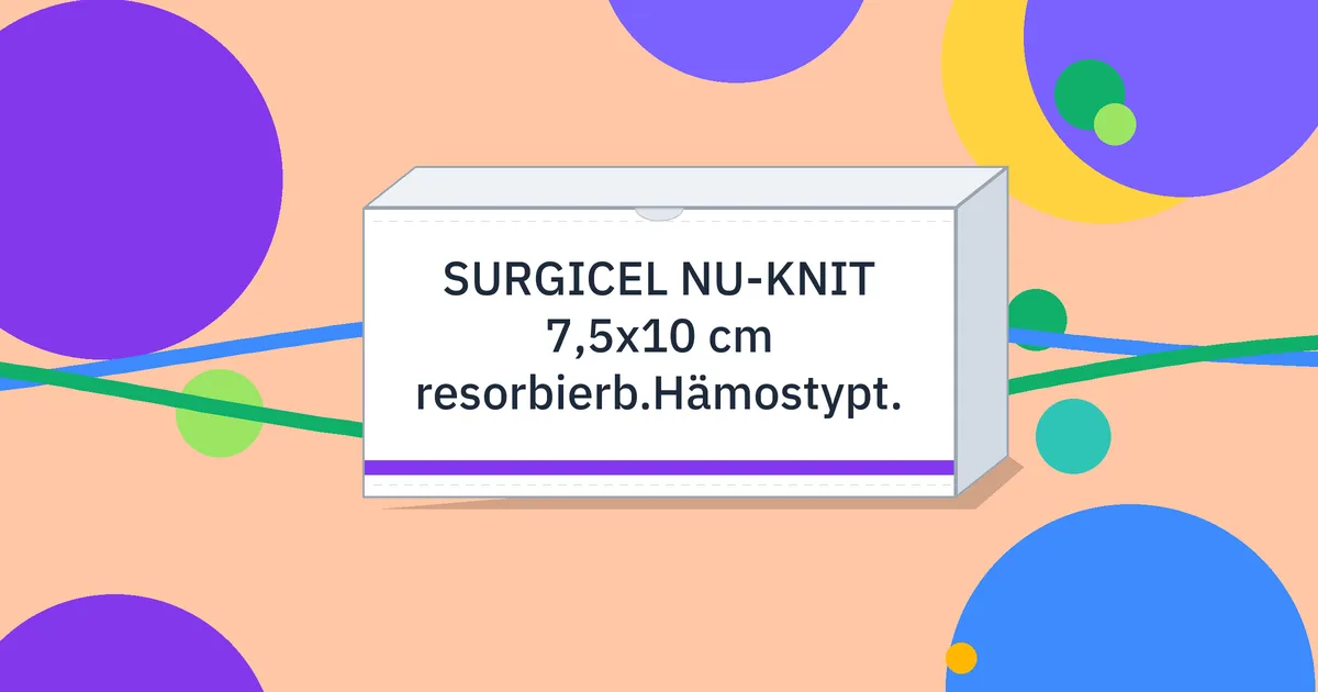 Symbolbild: Packung mit der Aufschrift SURGICEL NU-KNIT 7,5x10 cm resorbierb.Hämostypt. (PZN 18799015) – Verfügbarkeit und Bezug in Apotheken in Frankfurt am Main