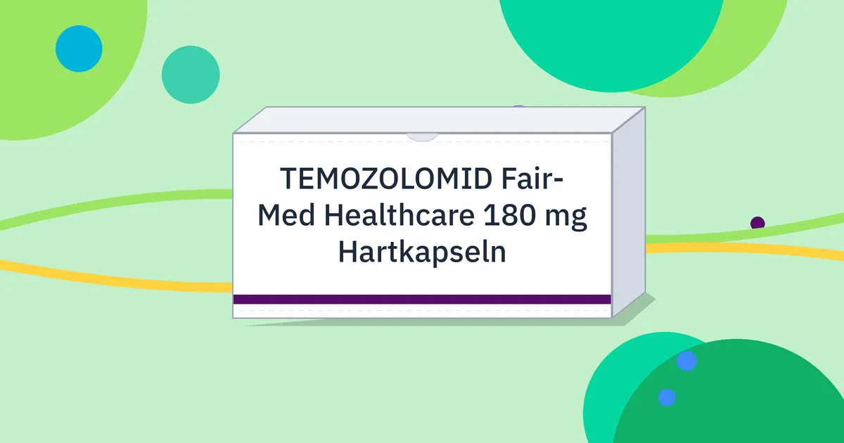 Symbolbild: Packung mit der Aufschrift TEMOZOLOMID Fair-Med Healthcare 180 mg Hartkapseln (PZN 10097532) – Verfügbarkeit und Bezug in Apotheken in Frankfurt am Main