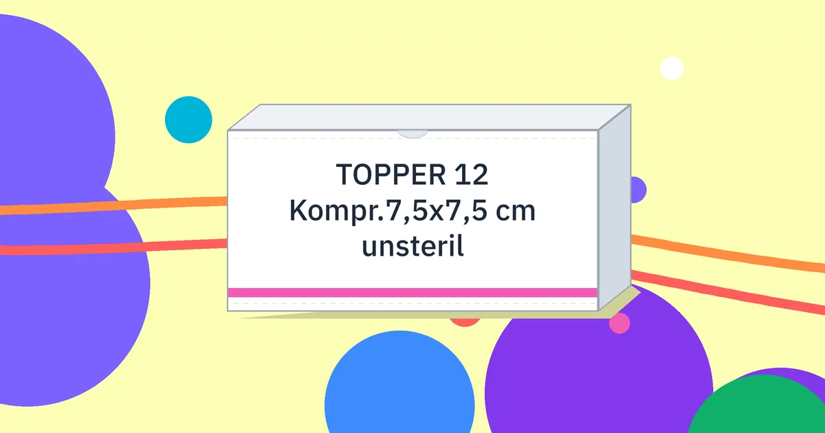 Symbolbild: Packung mit der Aufschrift TOPPER 12 Kompr.7,5x7,5 cm unsteril (PZN 03420398) – Verfügbarkeit und Bezug in Apotheken in Frankfurt am Main