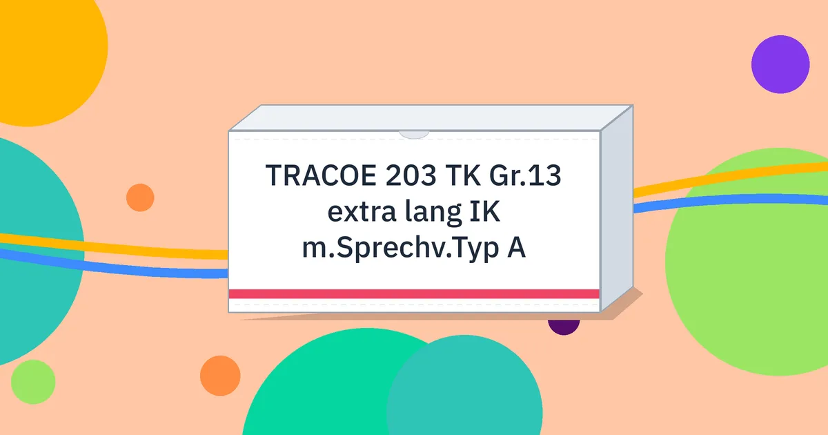 Symbolbild: Packung mit der Aufschrift TRACOE 203 TK Gr.13 extra lang IK m.Sprechv.Typ A (PZN 00918755) – Verfügbarkeit und Bezug in Apotheken in Frankfurt am Main