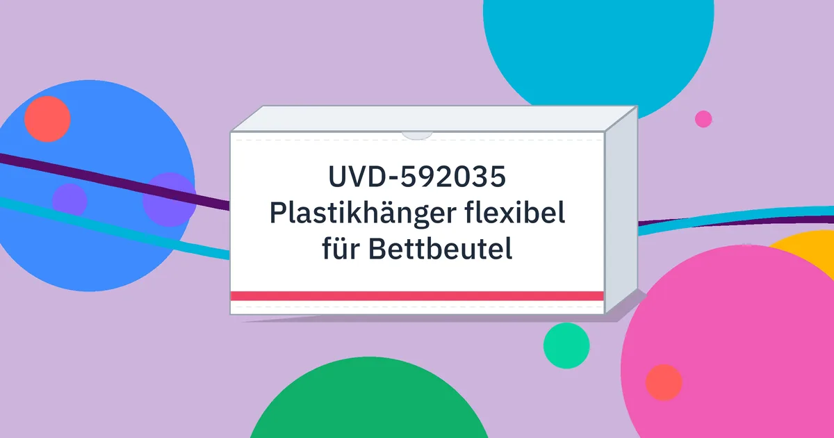 Symbolbild: Packung mit der Aufschrift UVD-592035 Plastikhänger flexibel für Bettbeutel (PZN 14267362) – Verfügbarkeit und Bezug in Apotheken in Frankfurt am Main