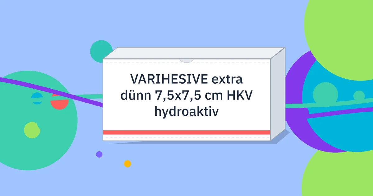 Symbolbild: Packung mit der Aufschrift VARIHESIVE extra dünn 7,5x7,5 cm HKV hydroaktiv (PZN 18123878) – Verfügbarkeit und Bezug in Apotheken in Frankfurt am Main