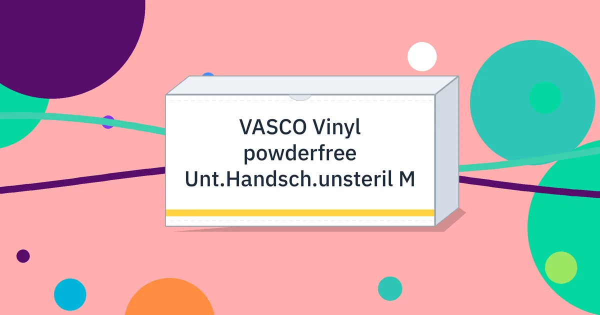 Symbolbild: Packung mit der Aufschrift VASCO Vinyl powderfree Unt.Handsch.unsteril M (PZN 14351588) – Verfügbarkeit und Bezug in Apotheken in Frankfurt am Main