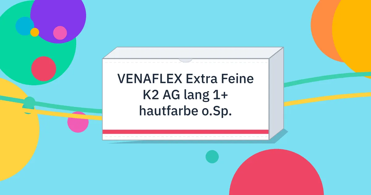 Symbolbild: Packung mit der Aufschrift VENAFLEX Extra Feine K2 AG lang 1+ hautfarbe o.Sp. (PZN 18308282) – Verfügbarkeit und Bezug in Apotheken in Frankfurt am Main