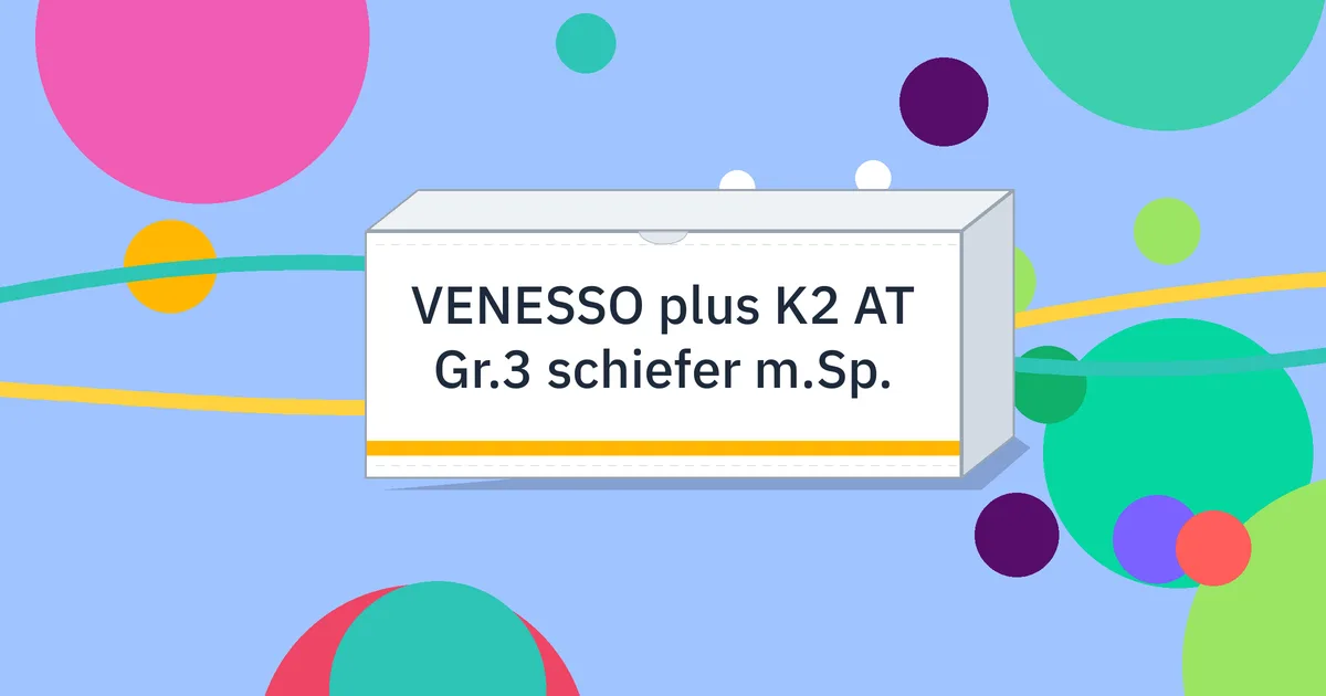 Symbolbild: Packung mit der Aufschrift VENESSO plus K2 AT Gr.3 schiefer m.Sp. (PZN 03286853) – Verfügbarkeit und Bezug in Apotheken in Frankfurt am Main