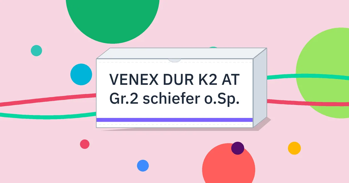 Symbolbild: Packung mit der Aufschrift VENEX DUR K2 AT Gr.2 schiefer o.Sp. (PZN 03224711) – Verfügbarkeit und Bezug in Apotheken in Frankfurt am Main