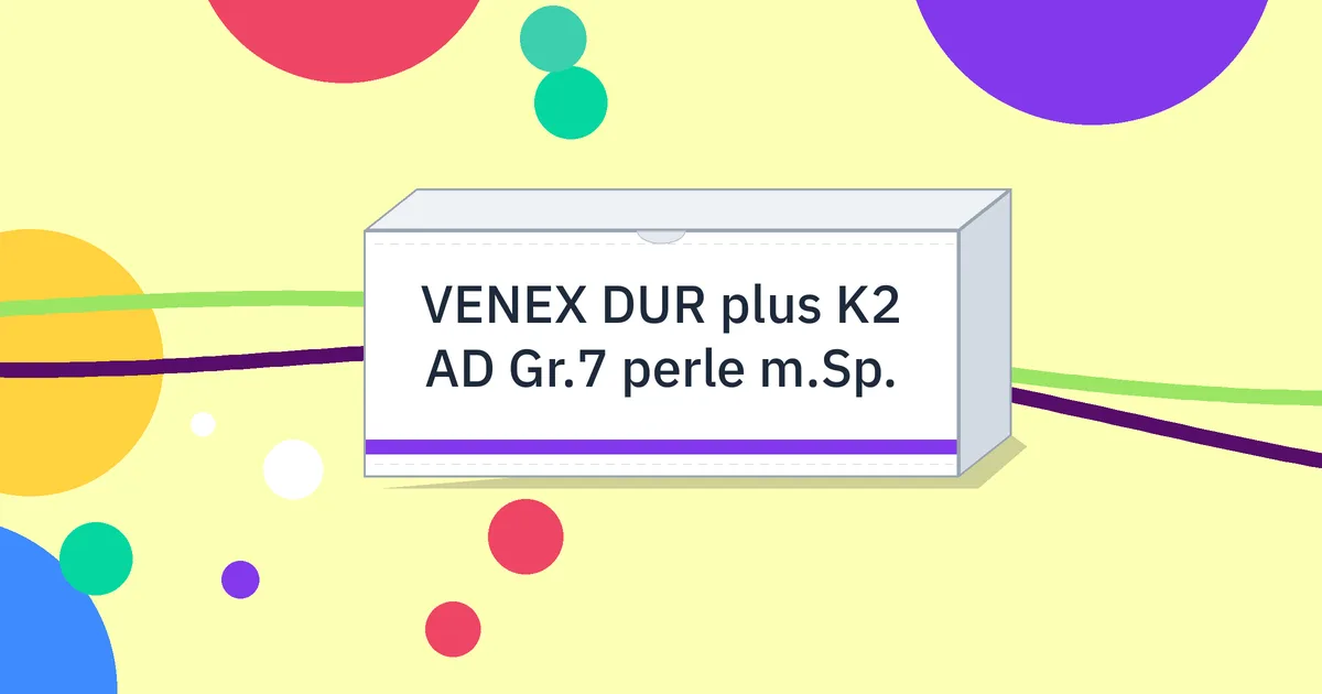 Symbolbild: Packung mit der Aufschrift VENEX DUR plus K2 AD Gr.7 perle m.Sp. (PZN 03233259) – Verfügbarkeit und Bezug in Apotheken in Frankfurt am Main