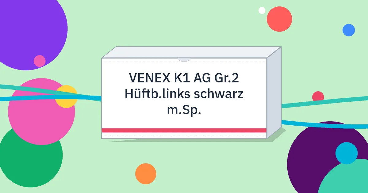 Symbolbild: Packung mit der Aufschrift VENEX K1 AG Gr.2 Hüftb.links schwarz m.Sp. (PZN 03201667) – Verfügbarkeit und Bezug in Apotheken in Frankfurt am Main