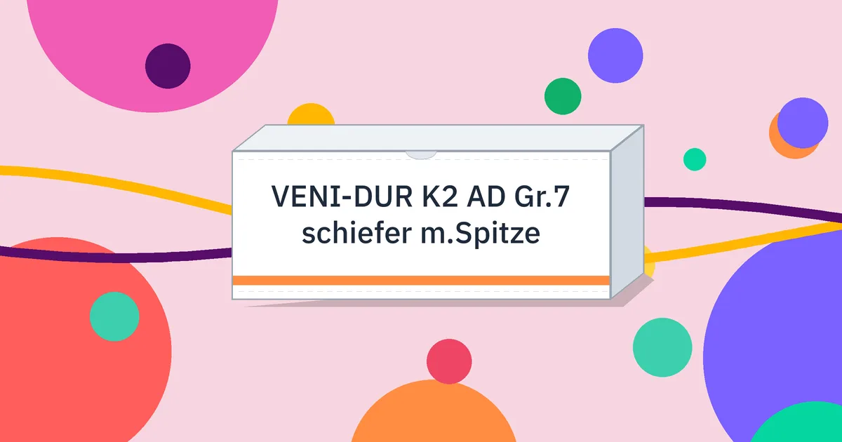 Symbolbild: Packung mit der Aufschrift VENI-DUR K2 AD Gr.7 schiefer m.Spitze (PZN 03243111) – Verfügbarkeit und Bezug in Apotheken in Frankfurt am Main