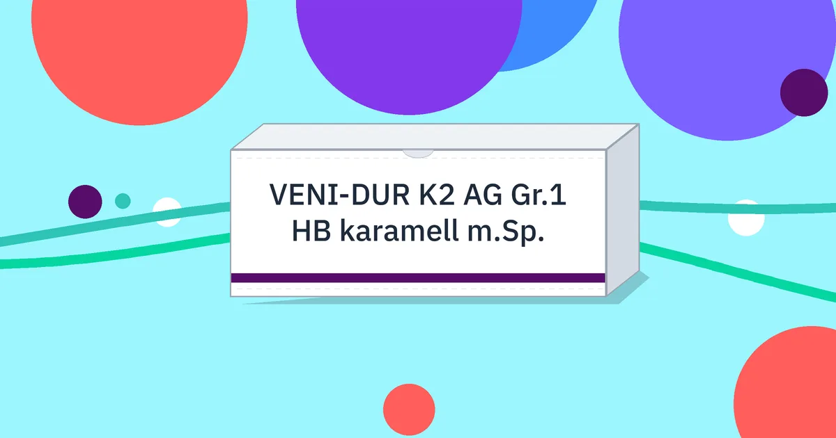 Symbolbild: Packung mit der Aufschrift VENI-DUR K2 AG Gr.1 HB karamell m.Sp. (PZN 13756515) – Verfügbarkeit und Bezug in Apotheken in Frankfurt am Main