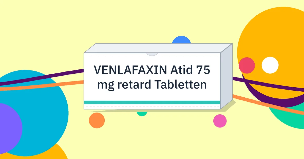 Symbolbild: Packung mit der Aufschrift VENLAFAXIN Atid 75 mg retard Tabletten (PZN 03632226) – Verfügbarkeit und Bezug in Apotheken in Frankfurt am Main