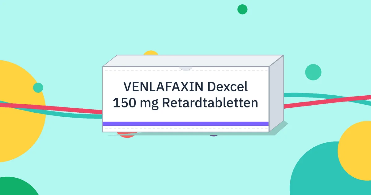Symbolbild: Packung mit der Aufschrift VENLAFAXIN Dexcel 150 mg Retardtabletten (PZN 09295824) – Verfügbarkeit und Bezug in Apotheken in Frankfurt am Main