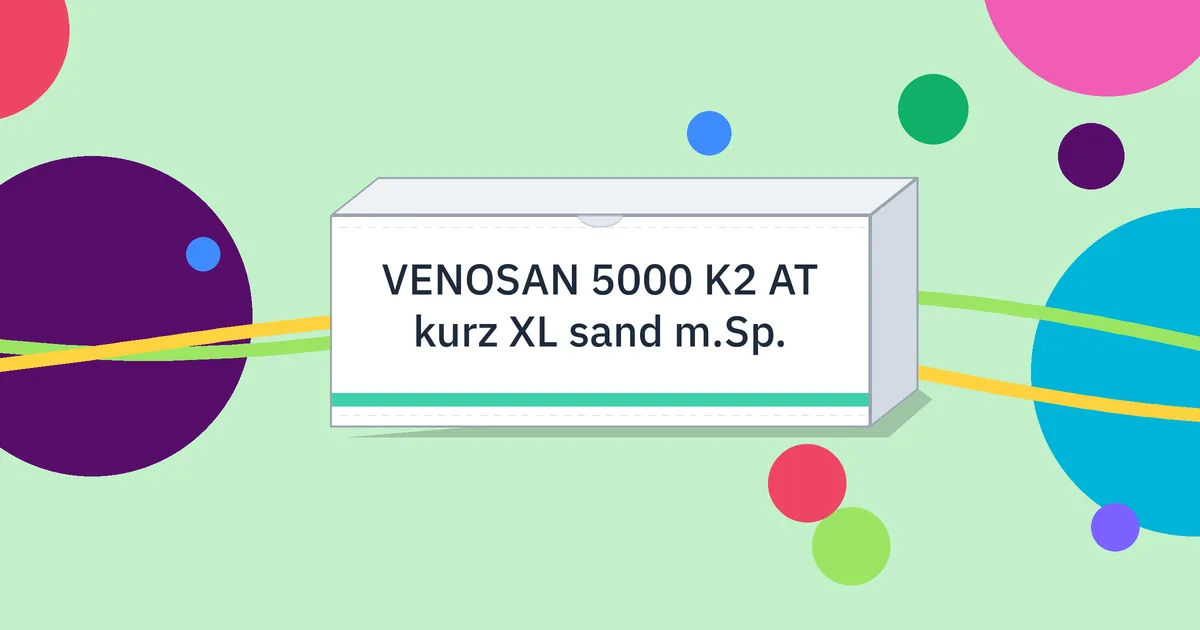 Symbolbild: Packung mit der Aufschrift VENOSAN 5000 K2 AT kurz XL sand m.Sp. (PZN 14428747) – Verfügbarkeit und Bezug in Apotheken in Frankfurt am Main