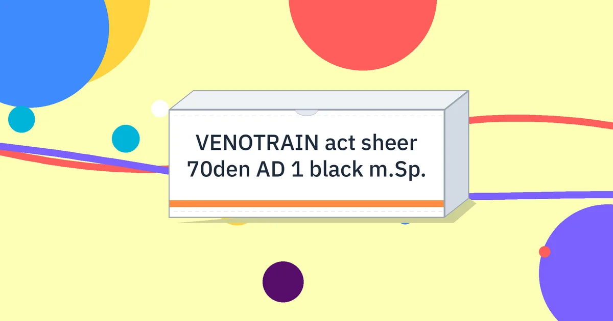 Symbolbild: Packung mit der Aufschrift VENOTRAIN act sheer 70den AD 1 black m.Sp. (PZN 16208837) – Verfügbarkeit und Bezug in Apotheken in Frankfurt am Main