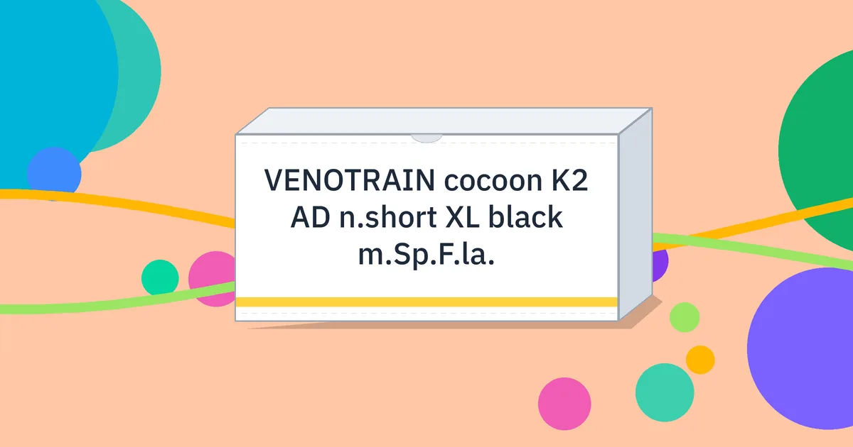 Symbolbild: Packung mit der Aufschrift VENOTRAIN cocoon K2 AD n.short XL black m.Sp.F.la. (PZN 14401889) – Verfügbarkeit und Bezug in Apotheken in Frankfurt am Main