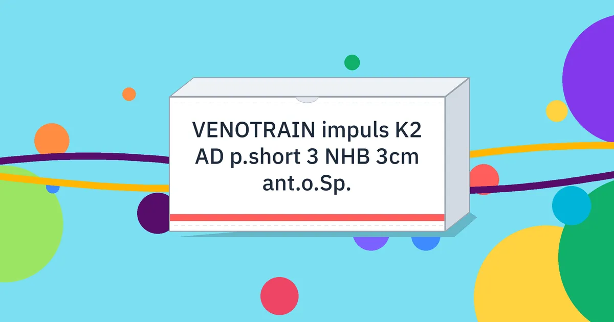 Symbolbild: Packung mit der Aufschrift VENOTRAIN impuls K2 AD p.short 3 NHB 3cm ant.o.Sp. (PZN 15224461) – Verfügbarkeit und Bezug in Apotheken in Frankfurt am Main