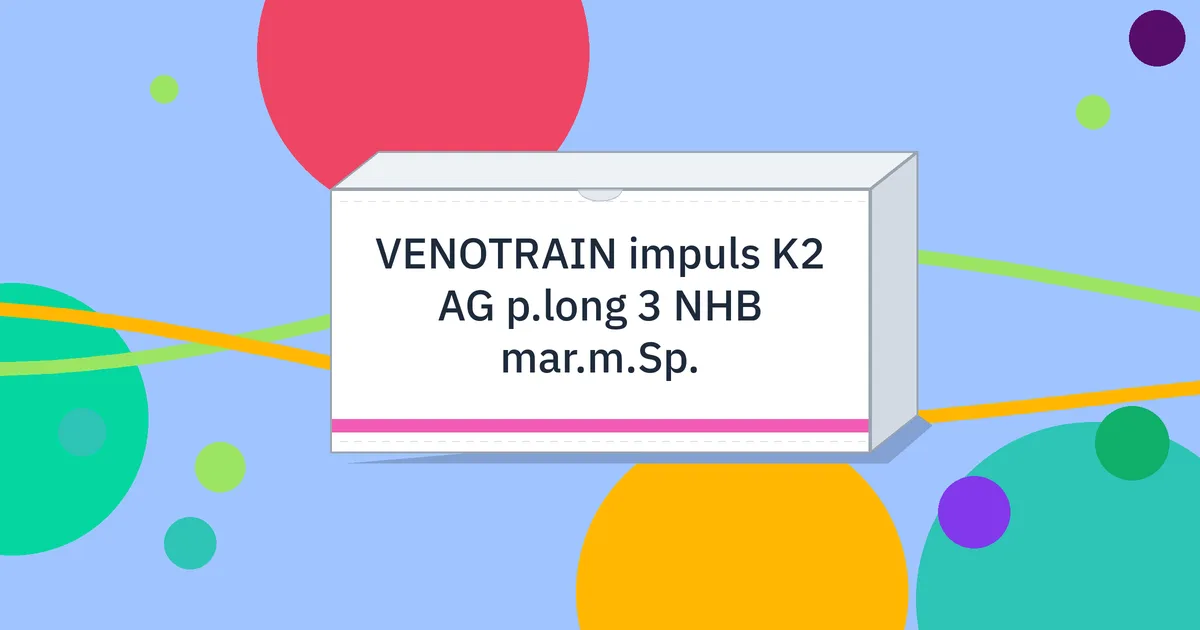 Symbolbild: Packung mit der Aufschrift VENOTRAIN impuls K2 AG p.long 3 NHB mar.m.Sp. (PZN 15214244) – Verfügbarkeit und Bezug in Apotheken in Frankfurt am Main