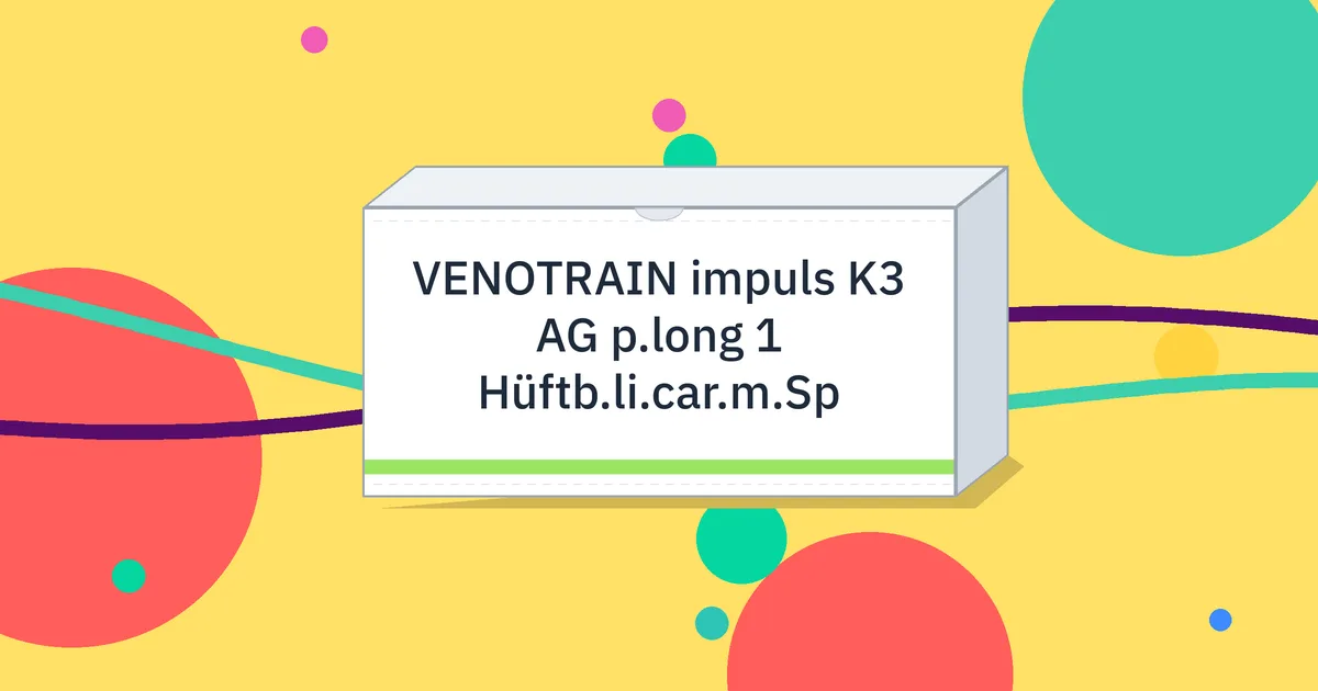Symbolbild: Packung mit der Aufschrift VENOTRAIN impuls K3 AG p.long 1 Hüftb.li.car.m.Sp (PZN 10295485) – Verfügbarkeit und Bezug in Apotheken in Frankfurt am Main