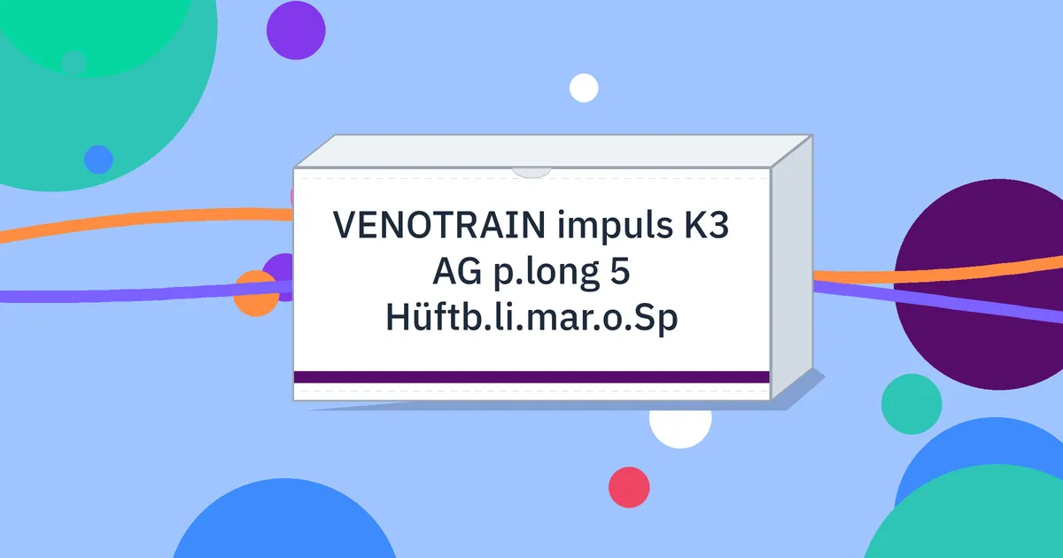Symbolbild: Packung mit der Aufschrift VENOTRAIN impuls K3 AG p.long 5 Hüftb.li.mar.o.Sp (PZN 15220440) – Verfügbarkeit und Bezug in Apotheken in Frankfurt am Main