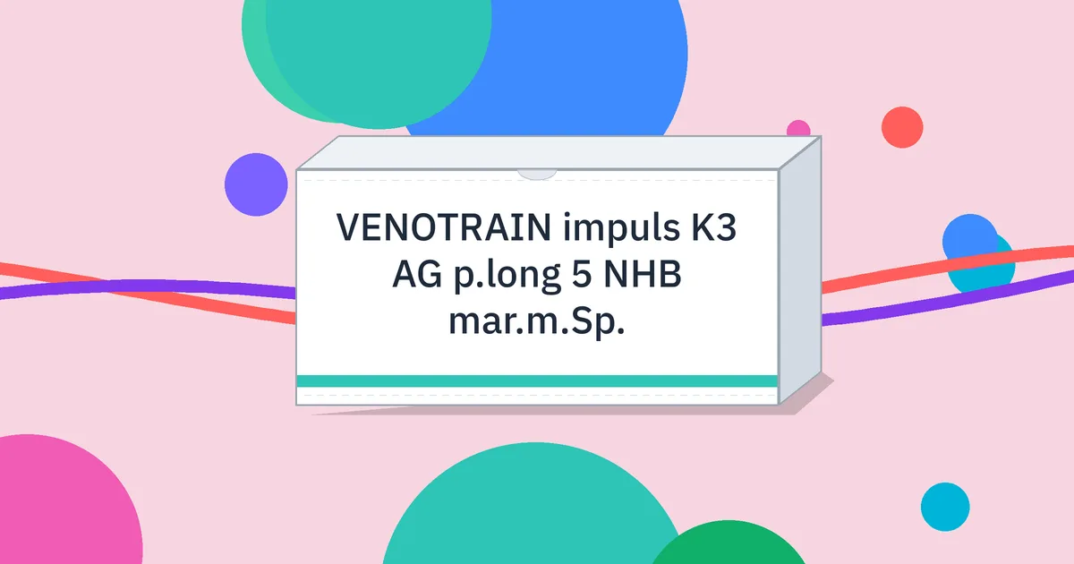 Symbolbild: Packung mit der Aufschrift VENOTRAIN impuls K3 AG p.long 5 NHB mar.m.Sp. (PZN 15215479) – Verfügbarkeit und Bezug in Apotheken in Frankfurt am Main