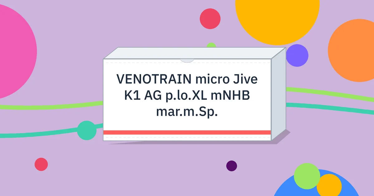 Symbolbild: Packung mit der Aufschrift VENOTRAIN micro Jive K1 AG p.lo.XL mNHB mar.m.Sp. (PZN 17761938) – Verfügbarkeit und Bezug in Apotheken in Frankfurt am Main