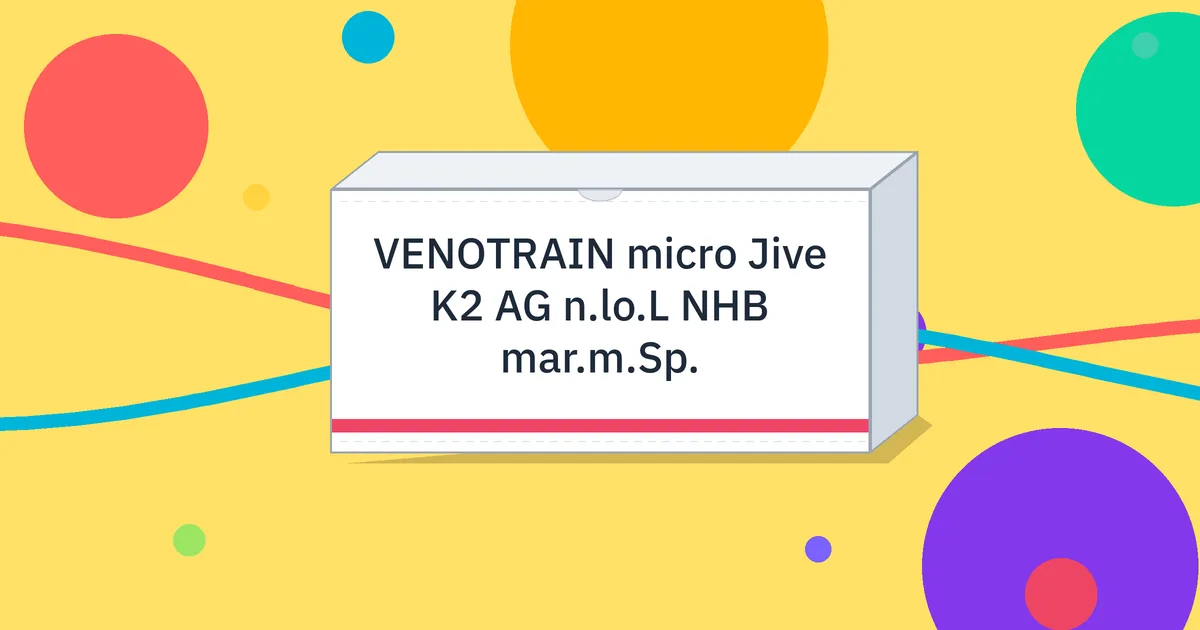 Symbolbild: Packung mit der Aufschrift VENOTRAIN micro Jive K2 AG n.lo.L NHB mar.m.Sp. (PZN 17767504) – Verfügbarkeit und Bezug in Apotheken in Frankfurt am Main