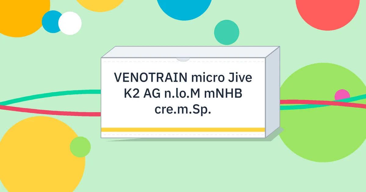 Symbolbild: Packung mit der Aufschrift VENOTRAIN micro Jive K2 AG n.lo.M mNHB cre.m.Sp. (PZN 17758066) – Verfügbarkeit und Bezug in Apotheken in Frankfurt am Main