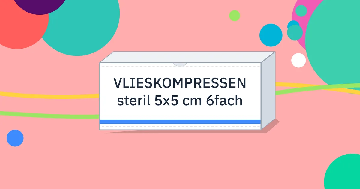 Symbolbild: Packung mit der Aufschrift VLIESKOMPRESSEN steril 5x5 cm 6fach (PZN 04793836) – Verfügbarkeit und Bezug in Apotheken in Frankfurt am Main
