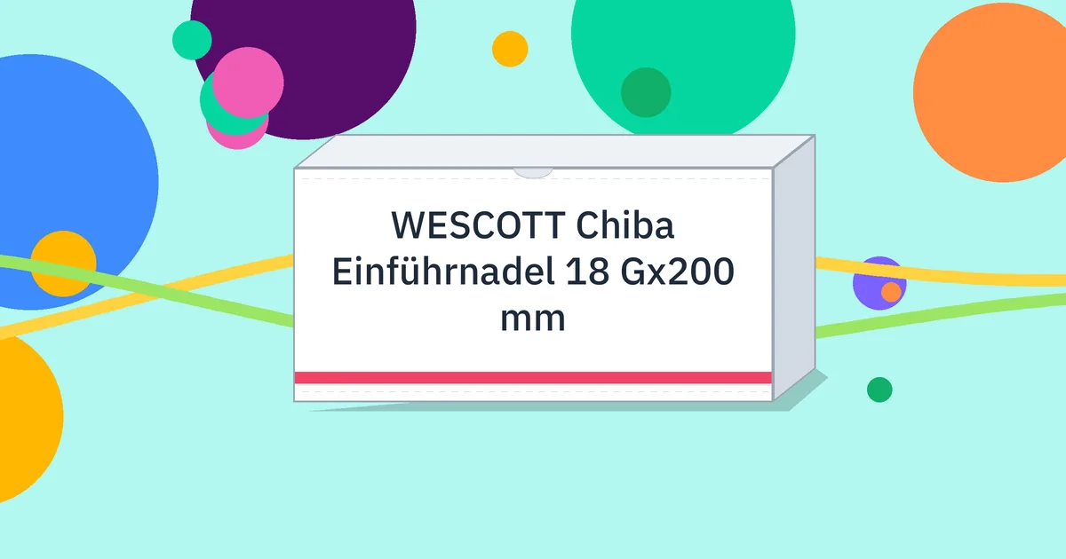 Symbolbild: Packung mit der Aufschrift WESCOTT Chiba Einführnadel 18 Gx200 mm (PZN 16920642) – Verfügbarkeit und Bezug in Apotheken in Frankfurt am Main