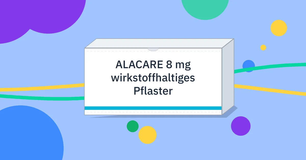 Symbolbild: Packung mit der Aufschrift ALACARE 8 mg wirkstoffhaltiges Pflaster (PZN 09462191) – Verfügbarkeit und Bezug in Apotheken in Frankfurt am Main