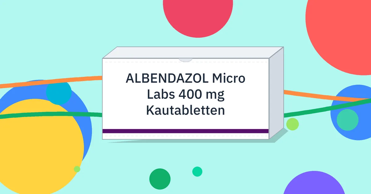 Symbolbild: Packung mit der Aufschrift ALBENDAZOL Micro Labs 400 mg Kautabletten (PZN 15628856) – Verfügbarkeit und Bezug in Apotheken in Frankfurt am Main