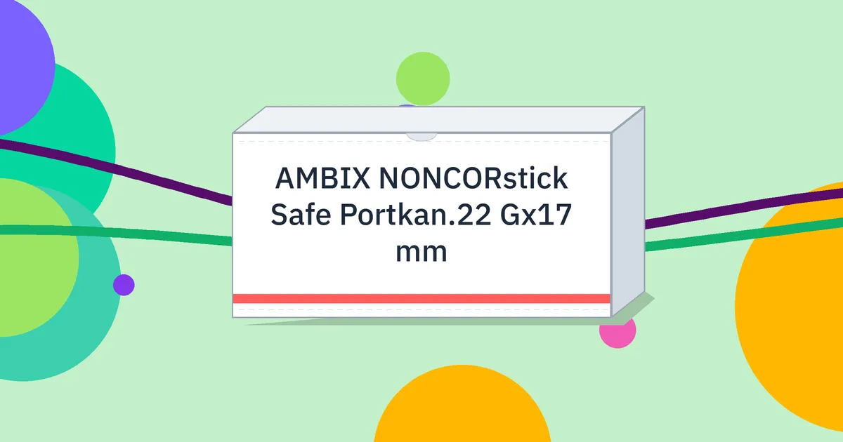 Symbolbild: Packung mit der Aufschrift AMBIX NONCORstick Safe Portkan.22 Gx17 mm (PZN 10048953) – Verfügbarkeit und Bezug in Apotheken in Frankfurt am Main
