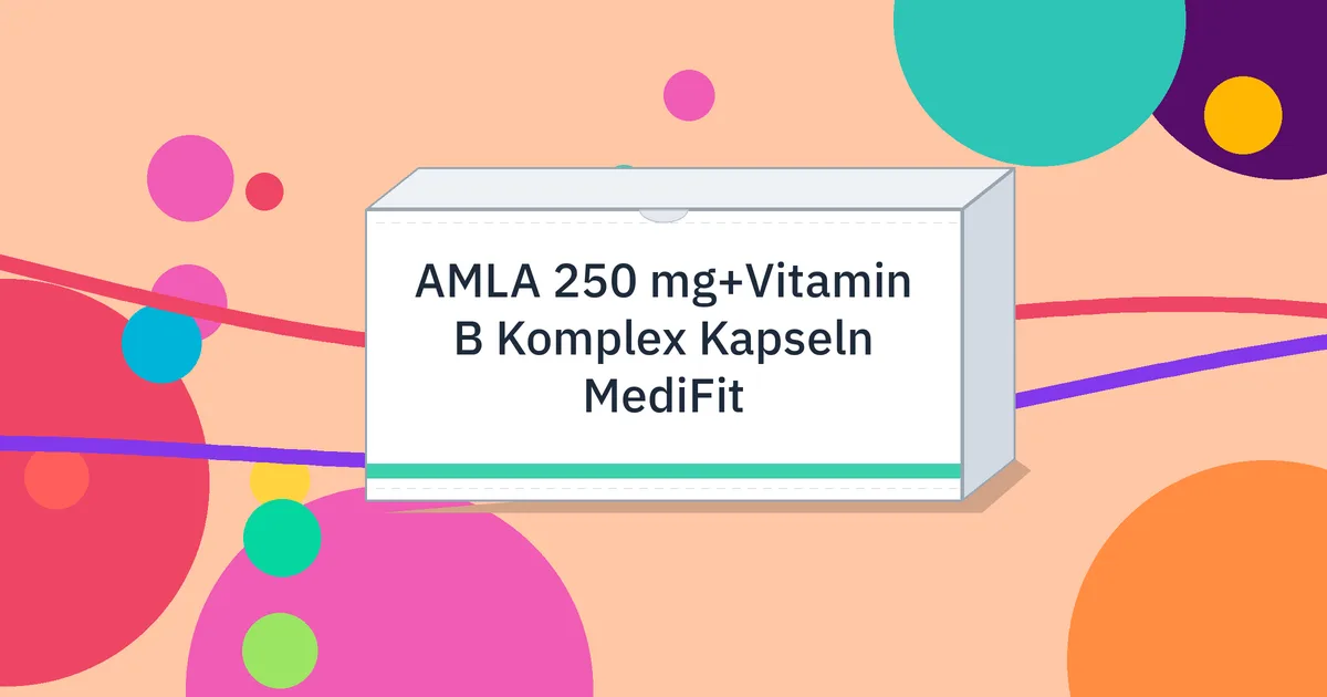 Symbolbild: Packung mit der Aufschrift AMLA 250 mg+Vitamin B Komplex Kapseln MediFit (PZN 11668362) – Verfügbarkeit und Bezug in Apotheken in Frankfurt am Main