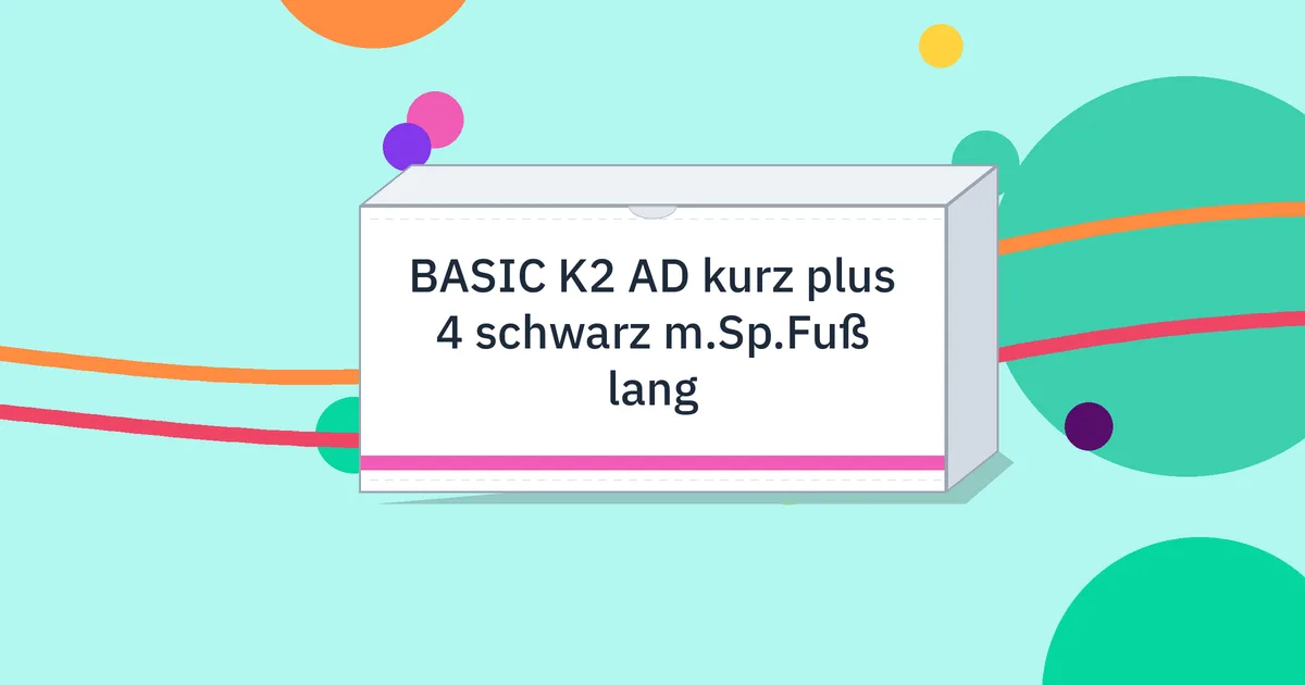 Symbolbild: Packung mit der Aufschrift BASIC K2 AD kurz plus 4 schwarz m.Sp.Fuß lang (PZN 20264824) – Verfügbarkeit und Bezug in Apotheken in Frankfurt am Main