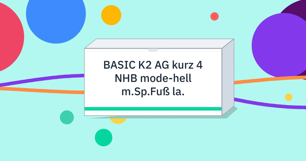 Symbolbild: Packung mit der Aufschrift BASIC K2 AG kurz 4 NHB mode-hell m.Sp.Fuß la. (PZN 20267573) – Verfügbarkeit und Bezug in Apotheken in Frankfurt am Main