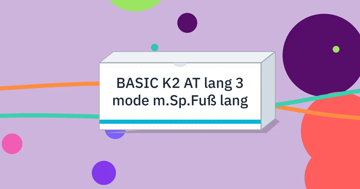 Symbolbild: Packung mit der Aufschrift BASIC K2 AT lang 3 mode m.Sp.Fuß lang (PZN 20269253) – Verfügbarkeit und Bezug in Apotheken in Frankfurt am Main