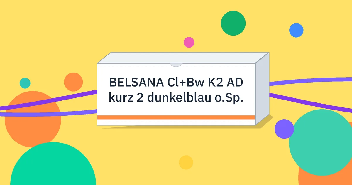 Symbolbild: Packung mit der Aufschrift BELSANA Cl+Bw K2 AD kurz 2 dunkelblau o.Sp. (PZN 15626432) – Verfügbarkeit und Bezug in Apotheken in Frankfurt am Main