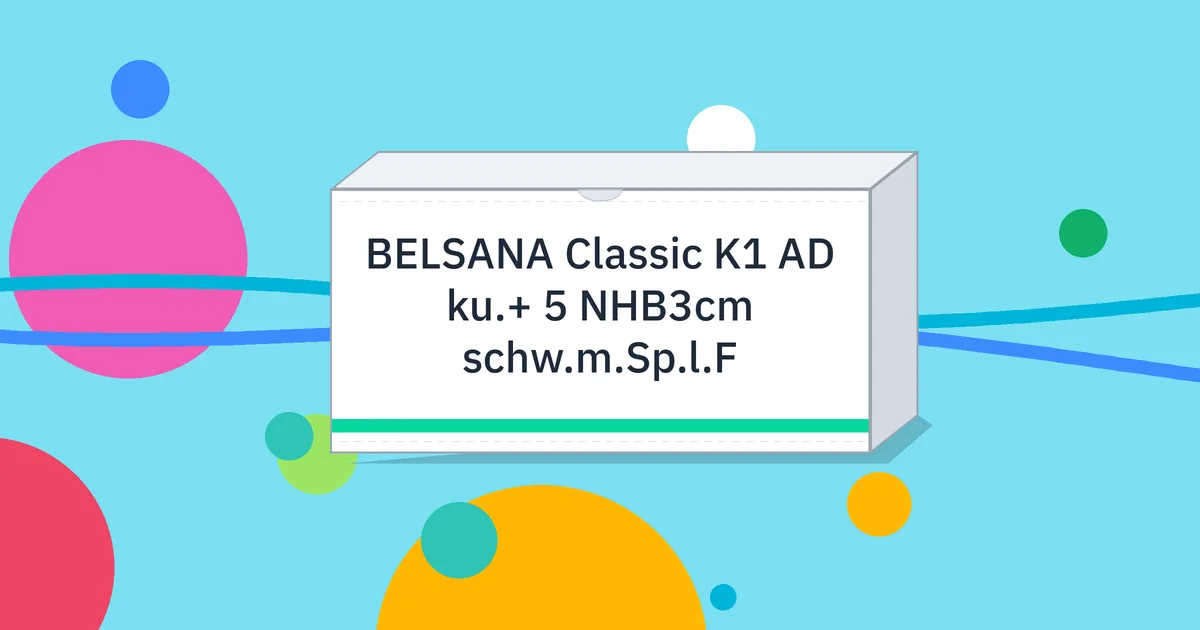 Symbolbild: Packung mit der Aufschrift BELSANA Classic K1 AD ku.+ 5 NHB3cm schw.m.Sp.l.F (PZN 19256541) – Verfügbarkeit und Bezug in Apotheken in Frankfurt am Main