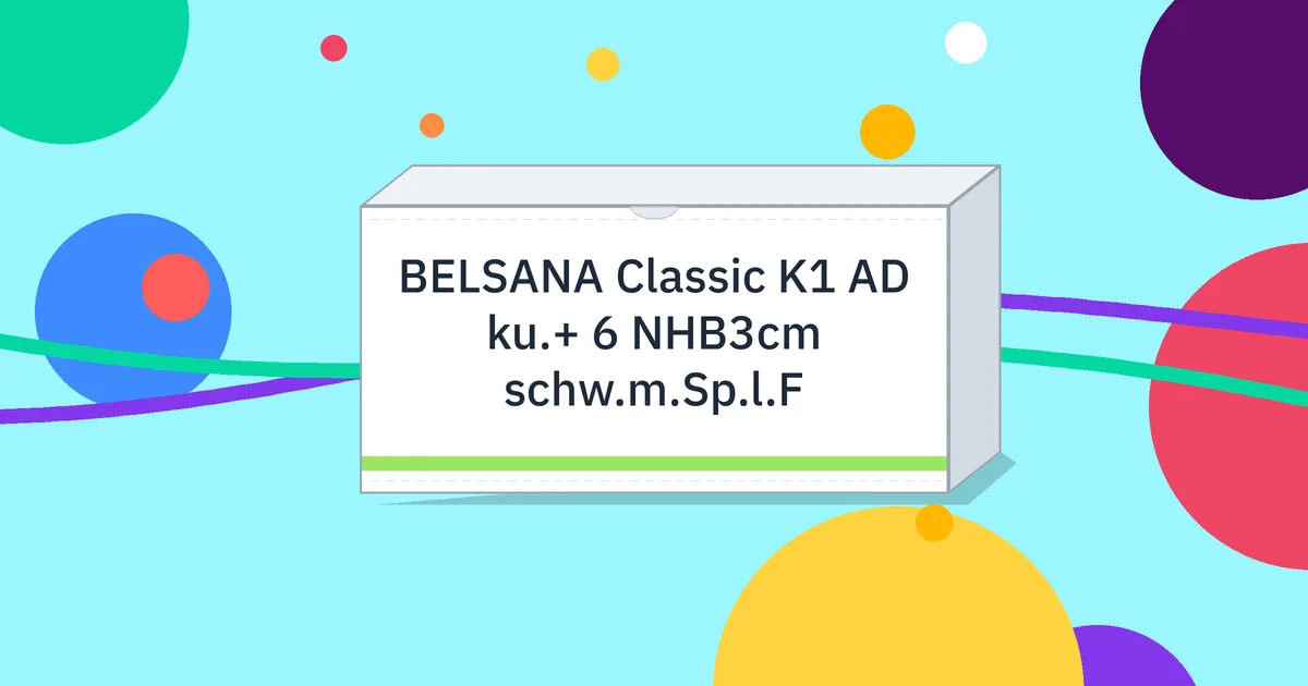Symbolbild: Packung mit der Aufschrift BELSANA Classic K1 AD ku.+ 6 NHB3cm schw.m.Sp.l.F (PZN 19257109) – Verfügbarkeit und Bezug in Apotheken in Frankfurt am Main