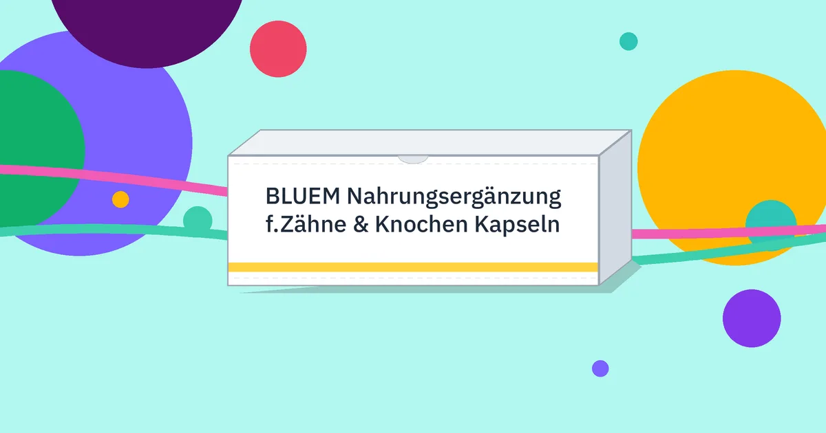 Symbolbild: Packung mit der Aufschrift BLUEM Nahrungsergänzung f.Zähne & Knochen Kapseln (PZN 16166174) – Verfügbarkeit und Bezug in Apotheken in Frankfurt am Main